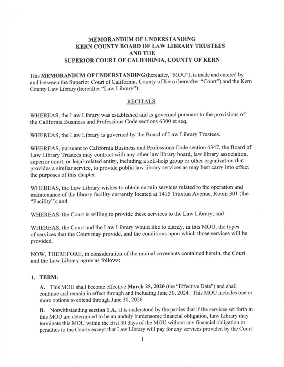 MEMORANDUM OF UNDERSTANDING - Kern County Law Library